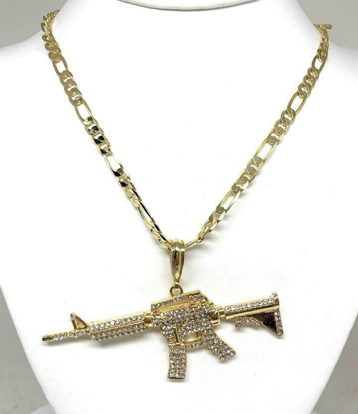 Gold Cuerno De Chivo Machine Gun Pendant Medalla Necklace Cadena Oro ...