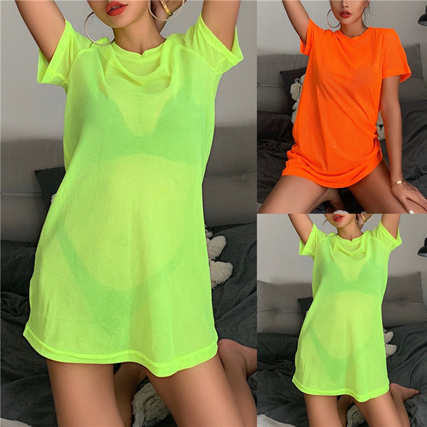 Sexy Women Sheer Mesh Cover Up Bathing Suit See Through Short Sleeve T