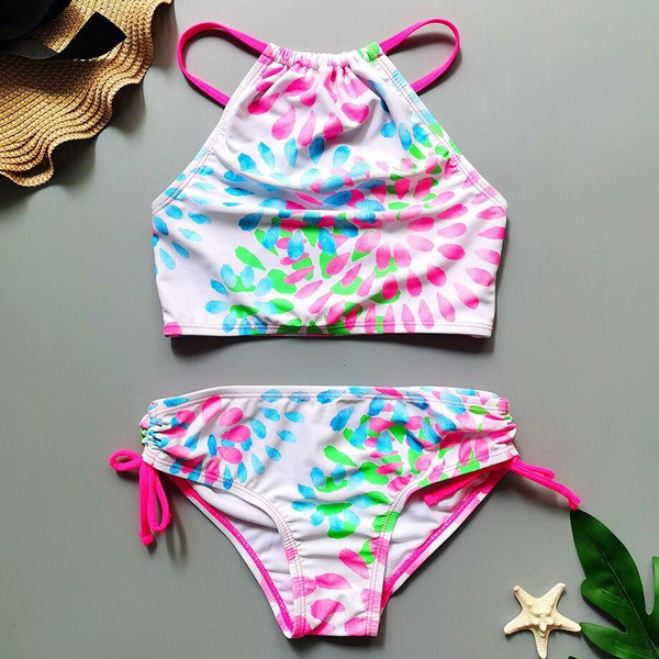 High Neck Girl Swimsuit Kids 5-14 Years Teenage Girl Bikini Tie Dye ...