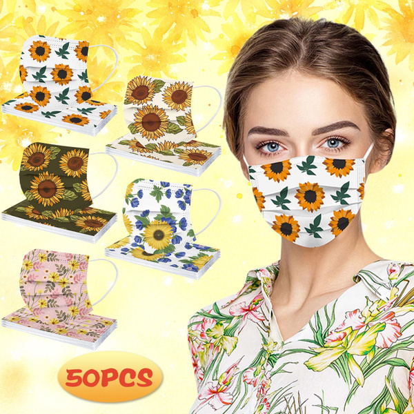 50pcs Adult Sunflower Print Masks for Protection Face Mask Disposable ...