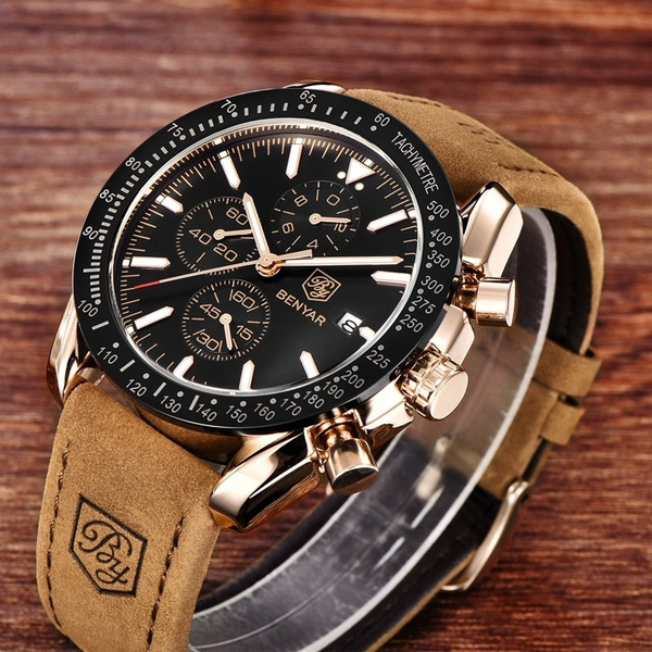 BENYAR Gold and Black Military Leather Chronograph Sports Quartz Water ...