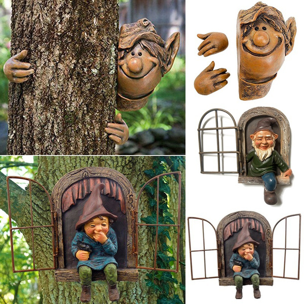 Elf Out The Door Tree Hugger Or Garden Peeker Elves Tree Sculpture ...