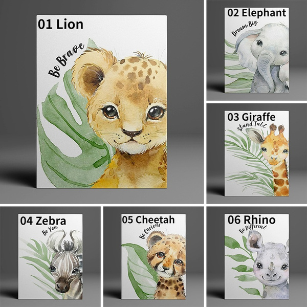 6 Panels Safari Animals With Leaves Wall Poster Inspirational Qutoes ...