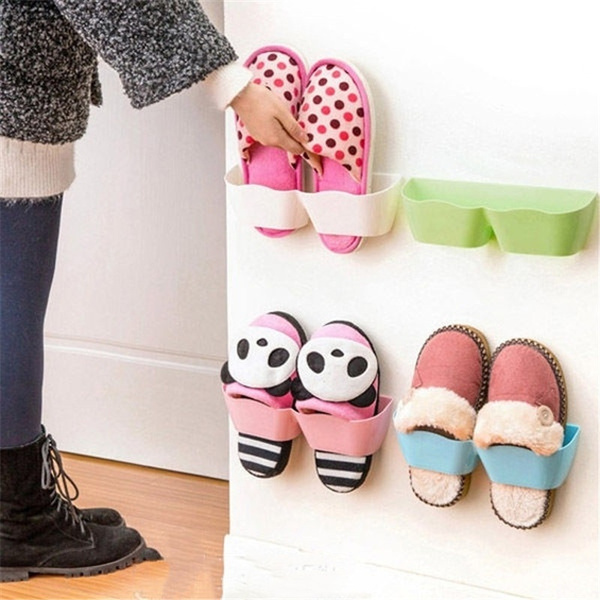 Wall-Mounted Sticky Hanging Shoe Hook Shelf Rack Shoes Holder Storage ...