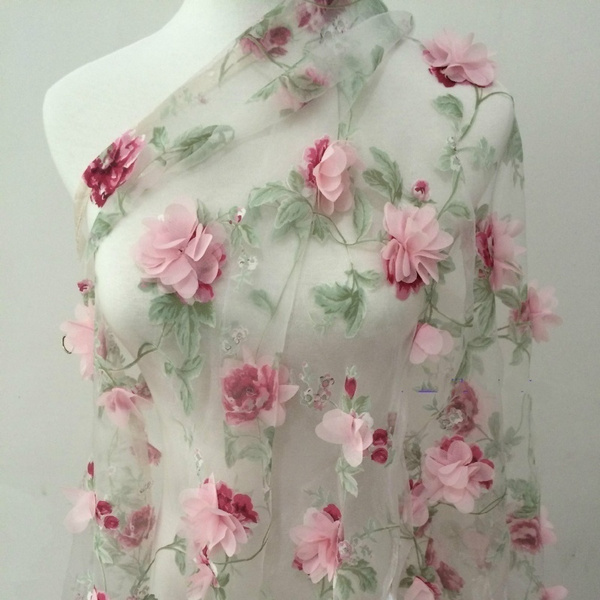 Lace Fabric Organza 3d Chiffon Rose Floral Embroidery 55 Wide By Meter