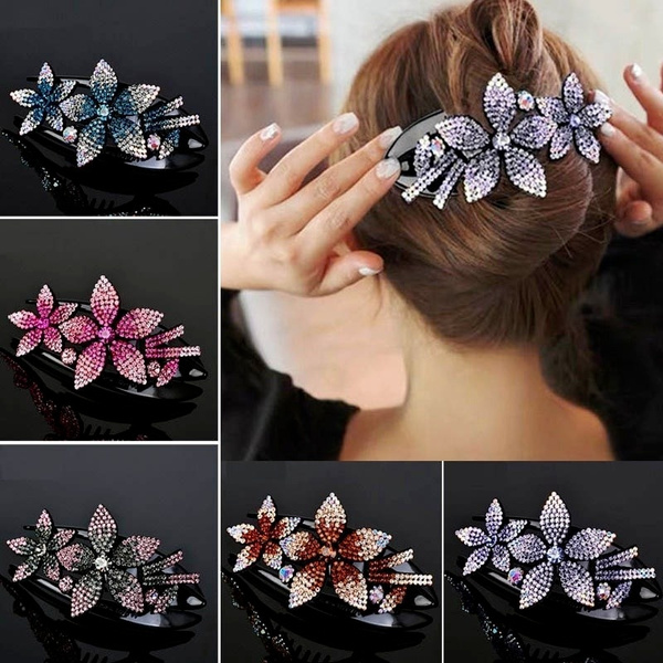 6 Colors Rhinestone Double Flower Hair Clip Flexible Durable Women Hair ...