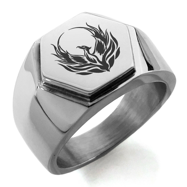 Stainless Steel Greek Mythology Phoenix Symbol Mens Hexagon Crest ...