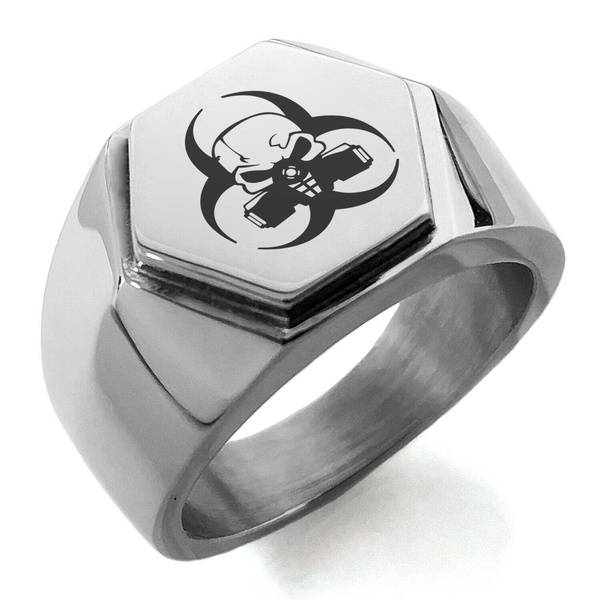 Stainless Steel Biohazard Skull Symbol Mens Hexagon Crest Signet Ring ...