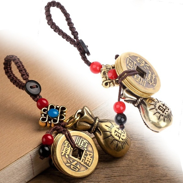 Chinese Brass Money Bag Keychains Feng Shui Coins Money Bag Decorations ...