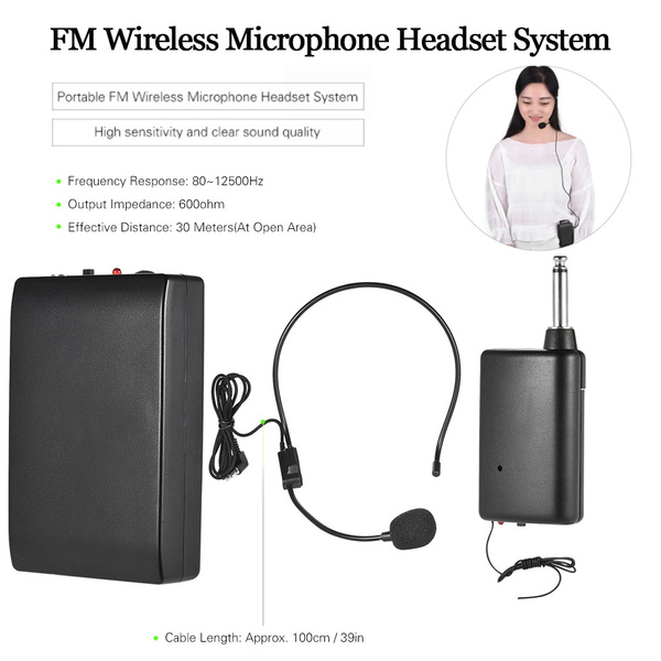 Portable FM Wireless Microphone Headset System Voice Amplifier 1/4in ...