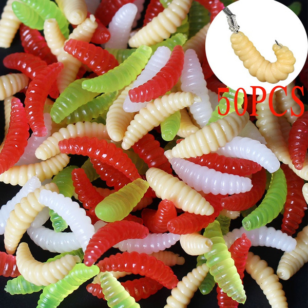 50PCS Maggot Fishing Lures Worm Soft Bait Plastic Bass Carp Trout Lure ...