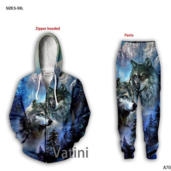 New fashion Wolf 3D All Over Print Tracksuits Zipper/Hoodie+joggers ...