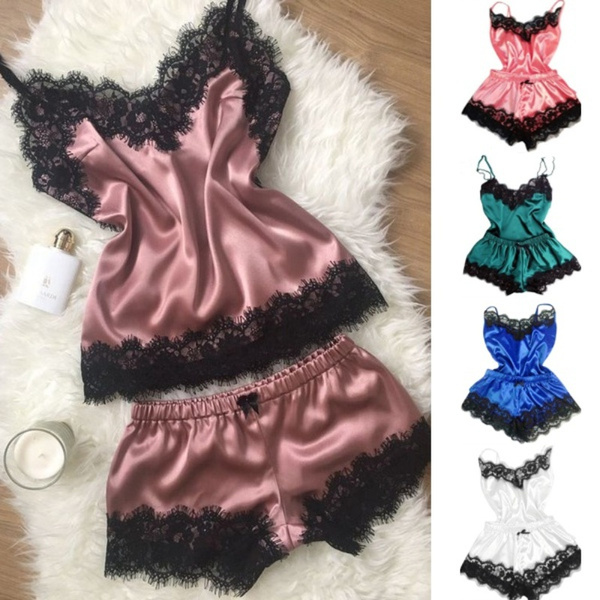 Women's Pajama Cami Set Silky Lace Nightwear 2 Piece Lingerie Short ...