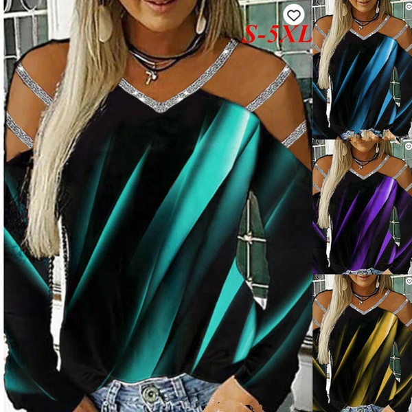New Hot Womens Fashion Print Sequins Cold Shoulder Long Sleeves Casual