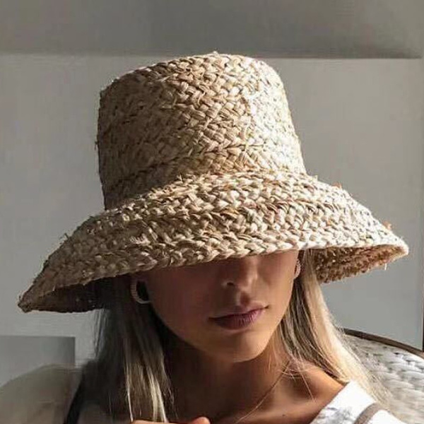 Summer hats for women Retro flat drooping hat brim hand-made straw hat ...