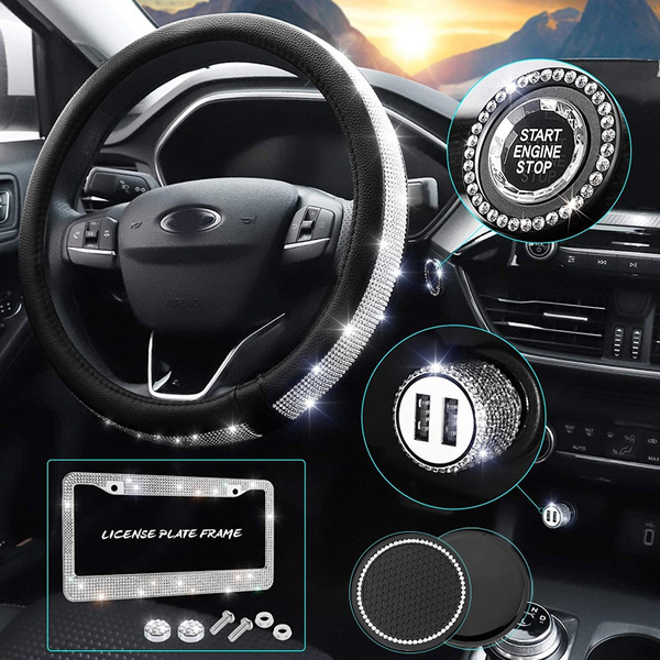 Bling Car Accessories Set Bling Steering Wheel Cover for Women Universal Fit 15 Inch Bling License Plate Frame for Women Bling Car USB Charger Fast Charging Crystal Car Decor Set 5 Pack Wish