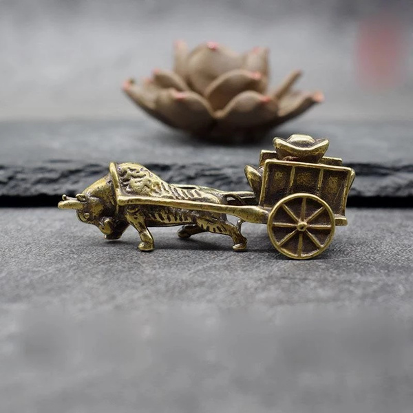 Vintage Ornament Bull Pull Vehicle Figurines Copper Chinese Folk Feng ...