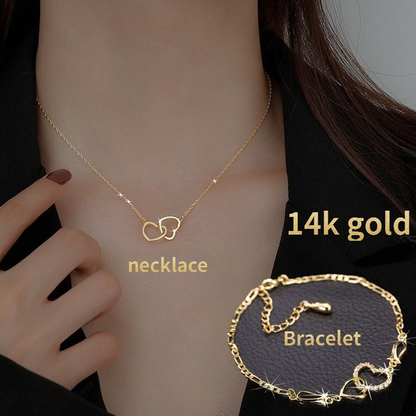 1pc/2pcs/set new double ring heart-shaped 14k gold necklace female ...
