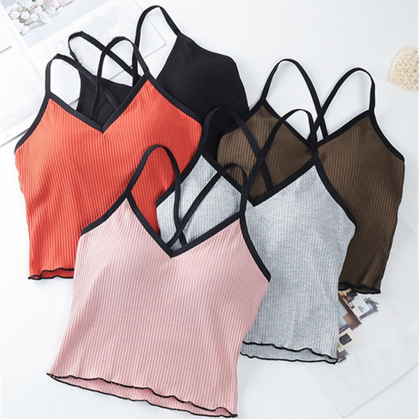 2022 New Women's Solid Color Crop Top Pure Cotton Vest Summer V-neck ...