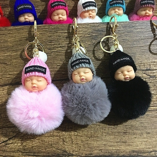 Cute Small Flower Baby Doll Fake Fur Fluffy Ball Key Chain Bag Key ...
