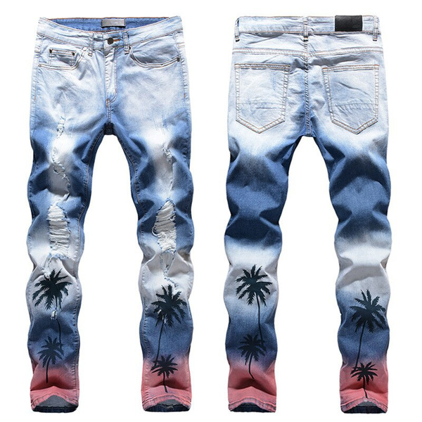 Hip Hop Coconut Tree Digital Printed Jeans Men Washed Slim Fit Designer ...