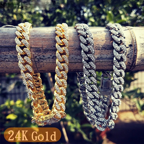 Hip Hop Inlaid Rhinestones Width 13MM Miami Curb Cuban Chain 24K Gold ...
