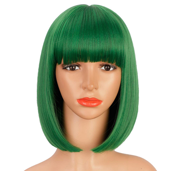 Short Green Wigs for Women, 10'' Green Bob Hair Wig with Bangs, Natural ...
