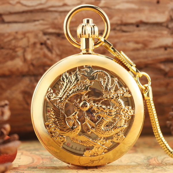 Vintage Gold Hollow Dragon Phoenix Carved Pocket Watch Automatic ...