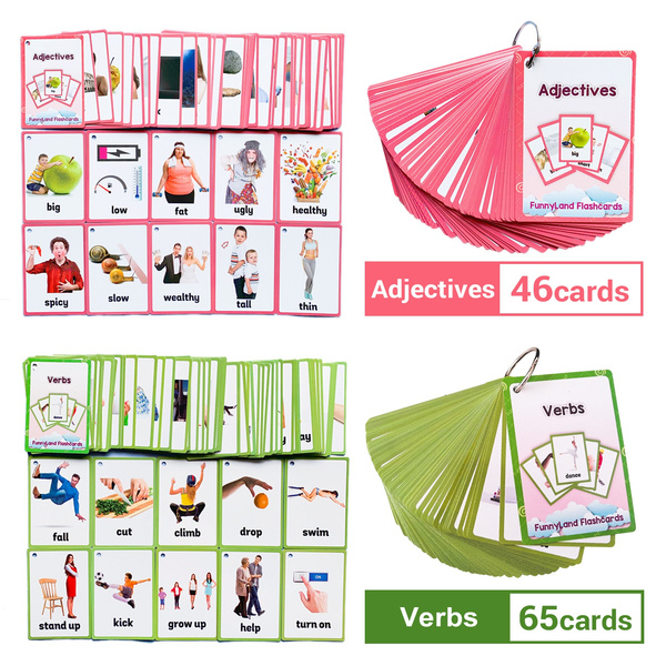 Verbs,Adjectives 2 Sets of English FlashCards Kids Pocket Card Learning ...