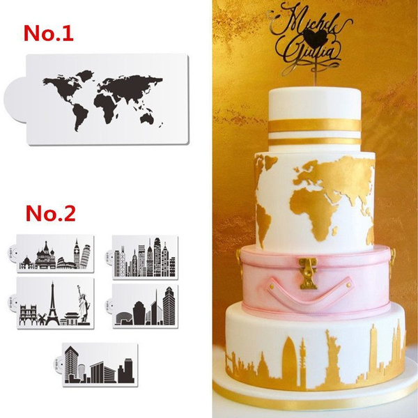 World Map and Landmark Building Cake Stencil Fondant Cake Decorating ...