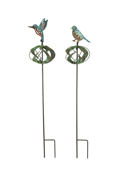 Set of 2 Metal Garden Stake Kinetic Wind Spinners Featuring Hummingbird ...