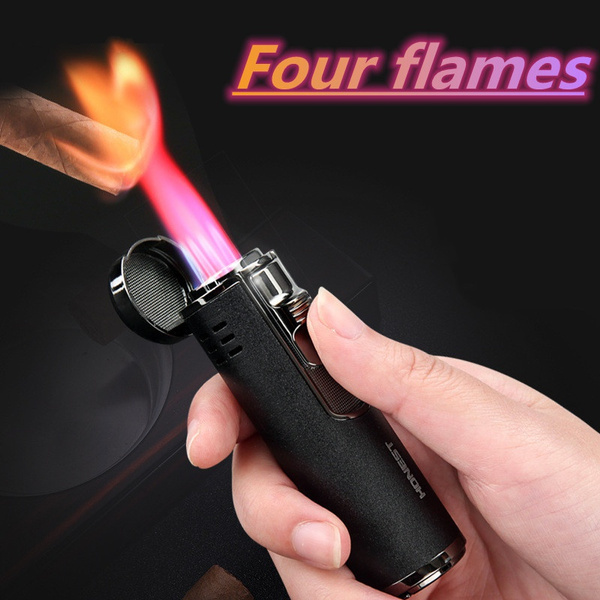Cylindrical Metal Windproof Gas Lighter Red Flame Four Nozzle Spray Gun ...