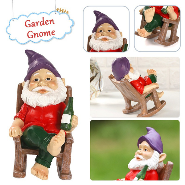 Garden Gnome Statue Drinking Dwarf on Rocking Chair Figurine Resin ...