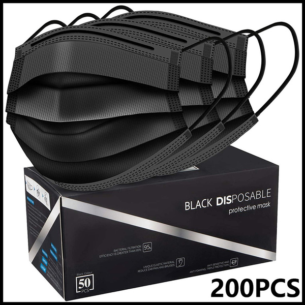 200 3-layer disposable masks in black with meltblown cloth filter layer ...