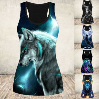 Women Fashion Wolf Print Tank Top Summer Sleeveless Casual Tops Plus ...
