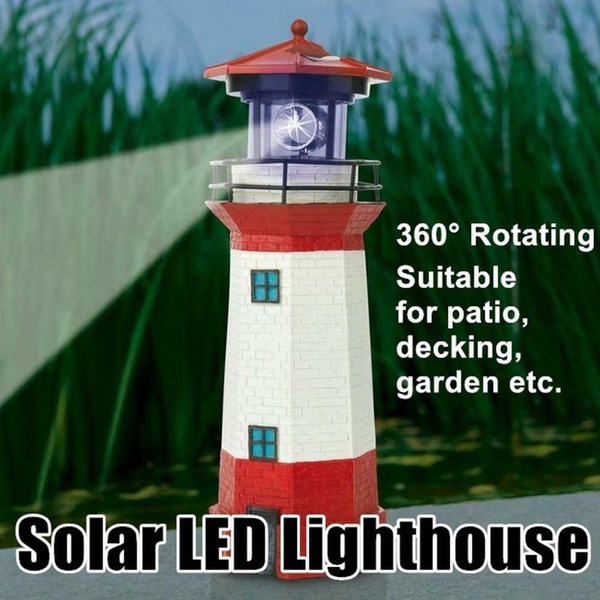 Solar Powered LED Lighthouse Rotating Light Garden Fence Outdoor Lawn ...