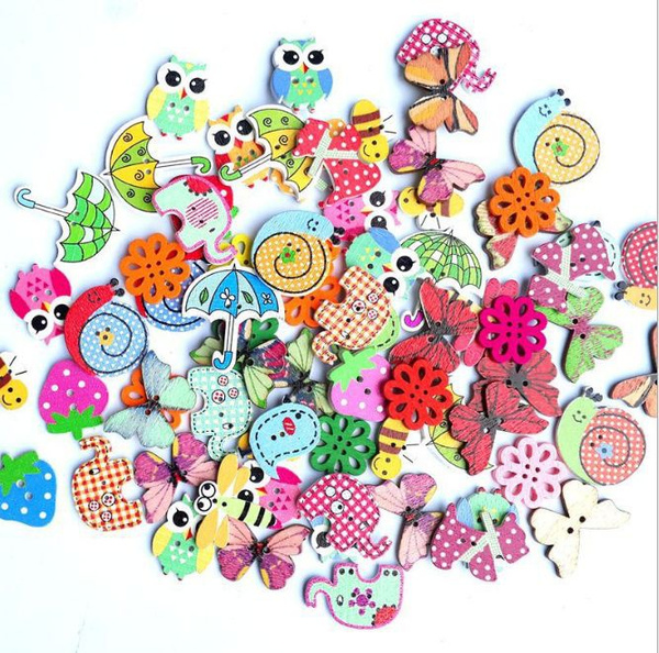 50Pcs Mixed DIY Wooden Scrapbooking Buttons Cartoon Sewing Animal Craft ...