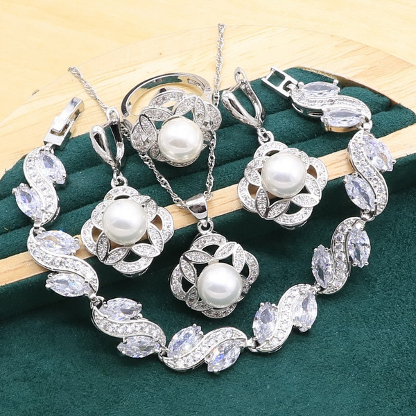 Noble Pearl Silver Color Jewelry Sets for Women Wedding White Crystal ...