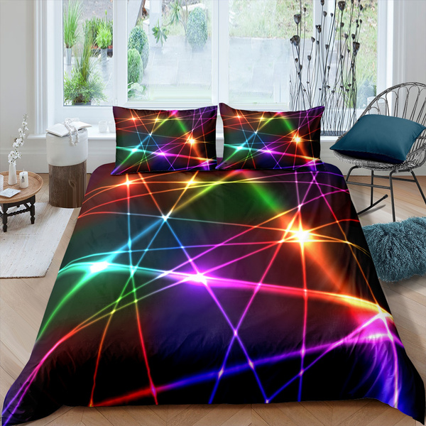 Neon Laser Bedding Set Rainbow Comforter Cover Set Colorful Lines Duvet ...