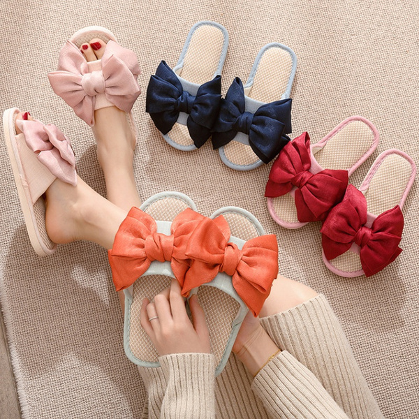 Fashion Linen Slippers Female Silk Big Bow Indoor Outdoor Spring and ...