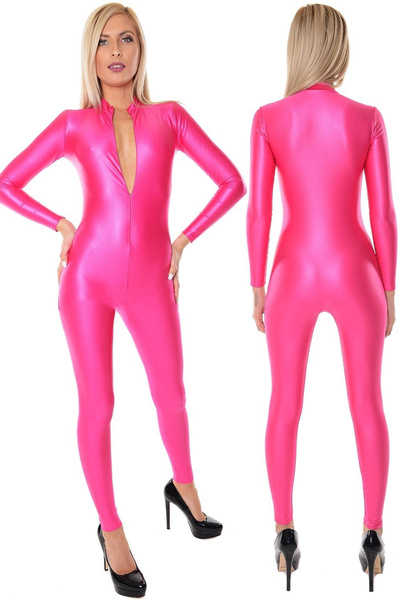 Hot Pink Lycra Spandex Catsuit Costumes Front Zipper Unisex Bodysuit Outfit Sexy Women Tights ...