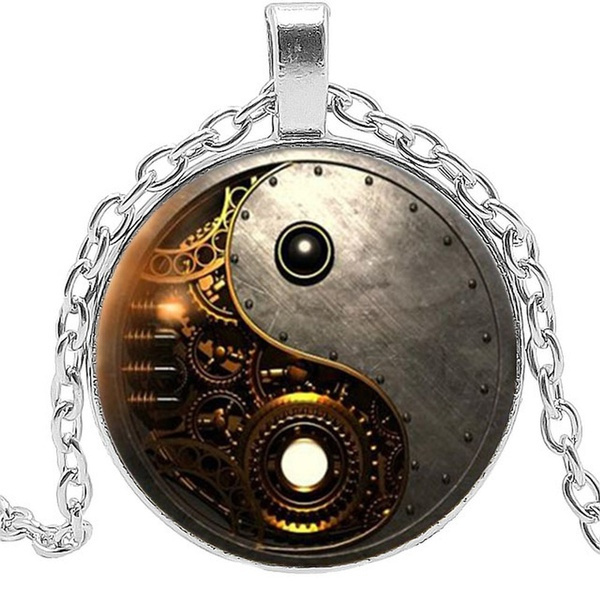 Steampunk Yin Yang Photo Silver Cabochon Glass Pendant Chain Necklace ...