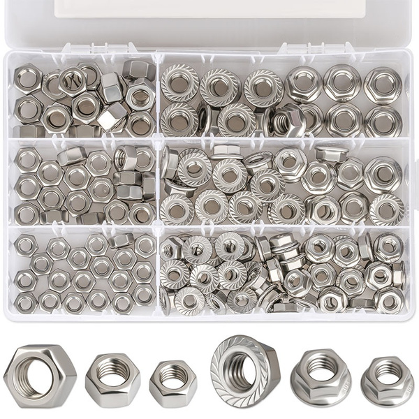 160pcs 304 Stainless Steel Hex Nuts Set Hexagon Nuts Flange Nuts Repair ...