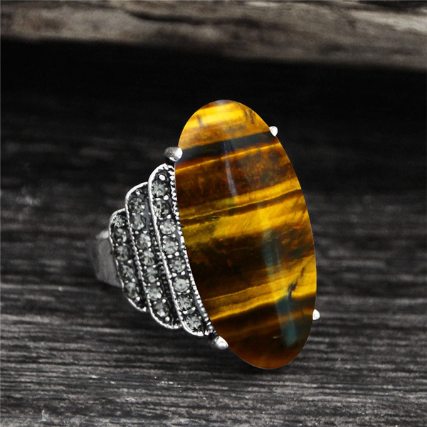 Vintage Look Natural Eye Tiger Eye Rings For Women Antique Silver ...