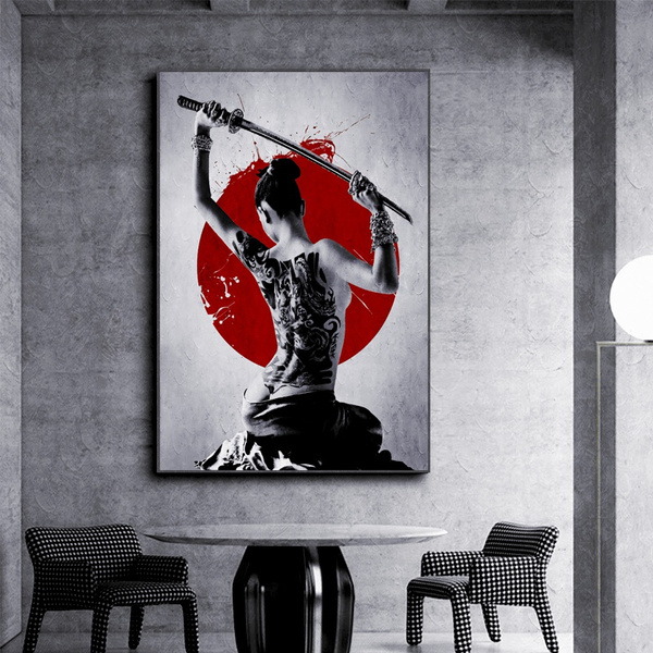 Black-White-Red Japanese Samurai Women Wall Art Canvas Painting Vintage ...