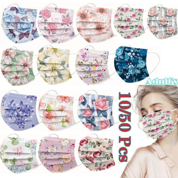 10/50pcs 3-ply Spring Flower Printed Mask Disposable Face Masks Outdoor ...