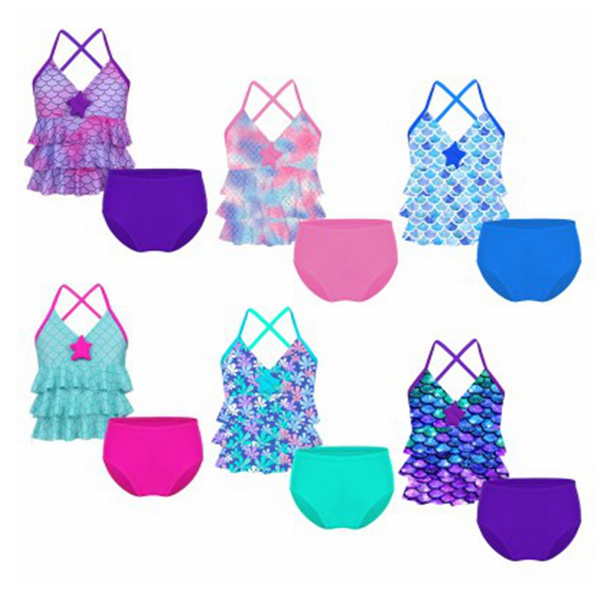 Kids Girls Youth Two Piece Mermaid Printed Tankini Swimsuit Bathing ...