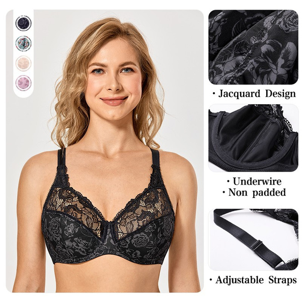 Delimira Womens Floral Printed Full Coverage Underwire Bra Plus Size