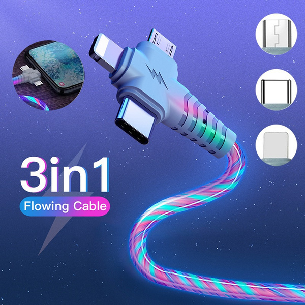3 In 1 Data Cable LED Flowing Luminous Lighting Fast Charger Cable ...