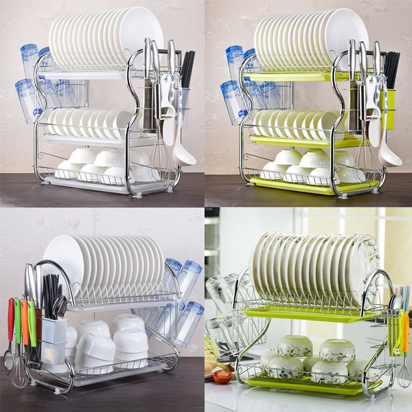 3-Layer Dish Drying Rack Chrome Dish Drainer Rack Kitchen Storage with ...
